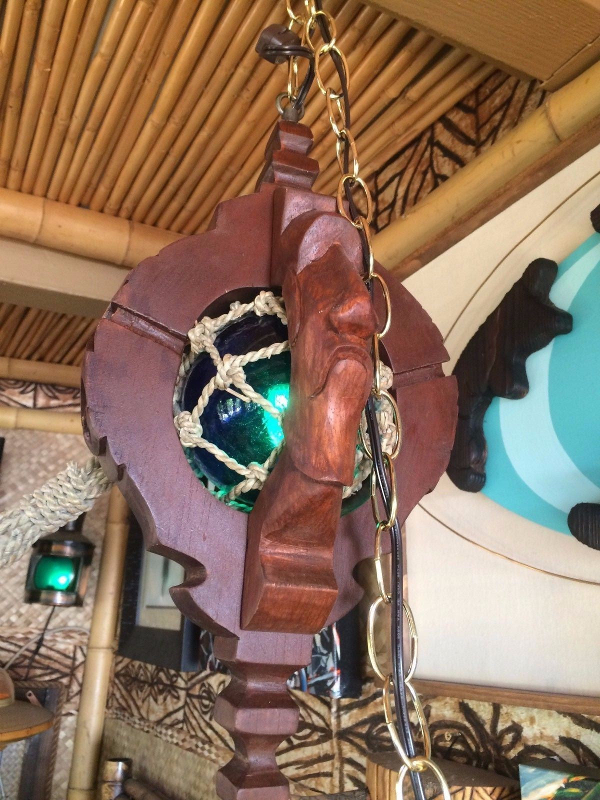 NEW Witco style lamp Blue glass fish float with net Tiki bar Smokin Ti ...